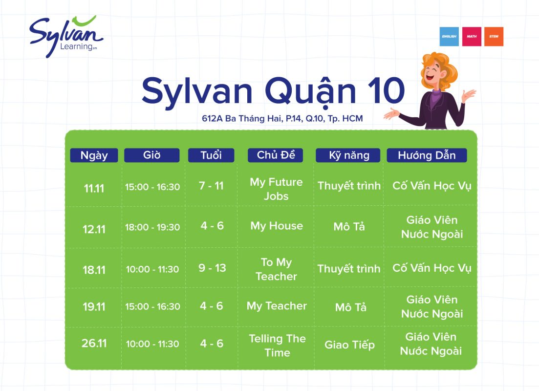 Lịch chủ đề Câu lạc bộ Tiếng Anh Sylvan Learning tháng 11
